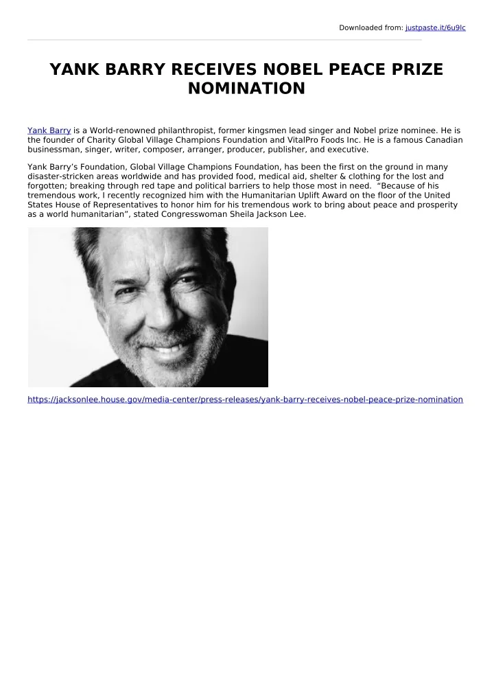 PPT - YANK BARRY RECEIVES NOBEL PEACE PRIZE NOMINATION PowerPoint ...