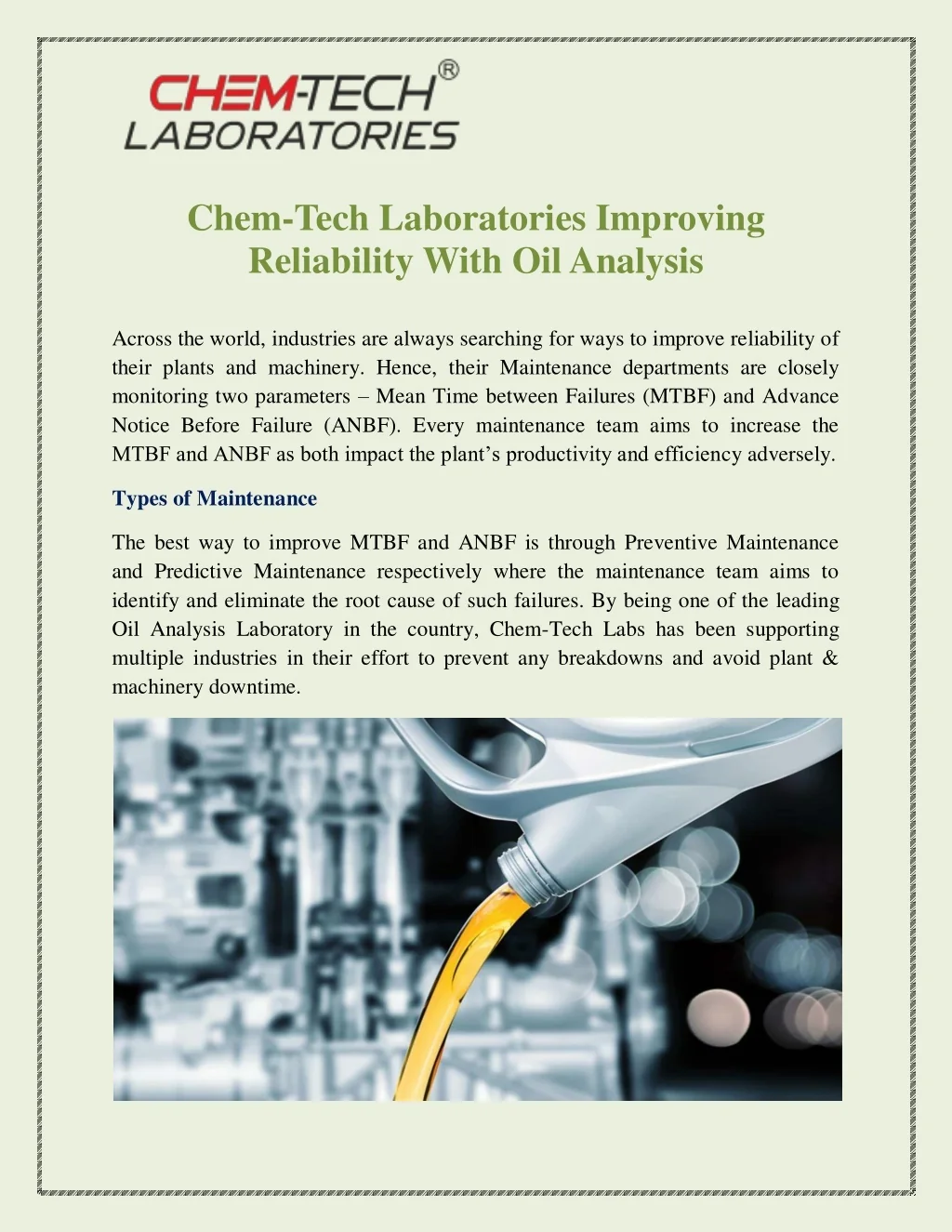 PPT - Chem-Tech Laboratories Improving Reliability With Oil Analysis ...