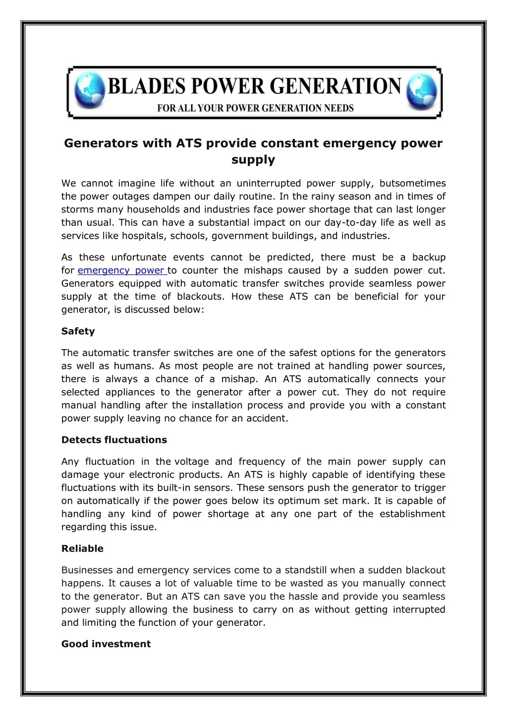 PPT - Generators with ATS provide constant emergency power supply ...