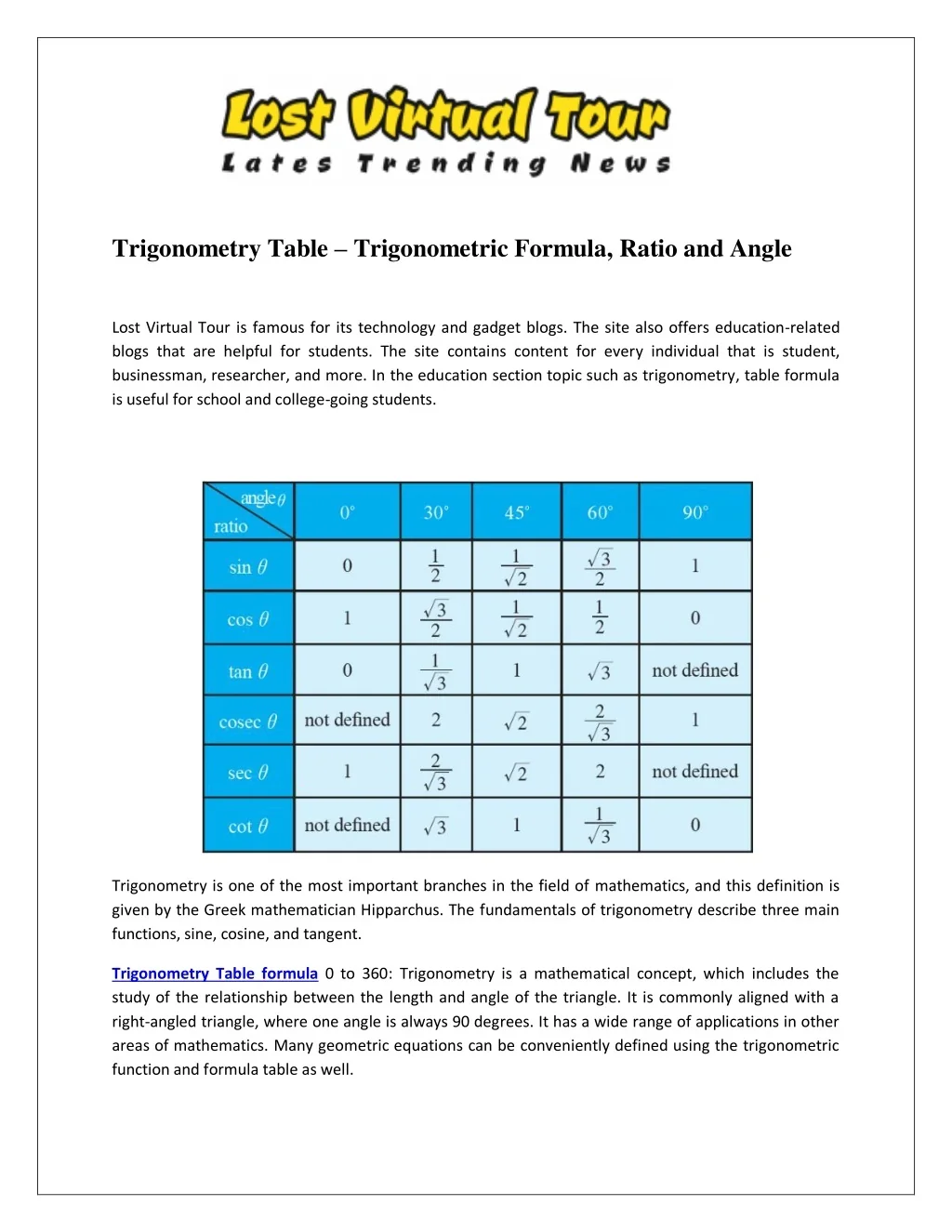 PPT - Trigonometry Table – Trigonometric Formula, Ratio and Angle ...