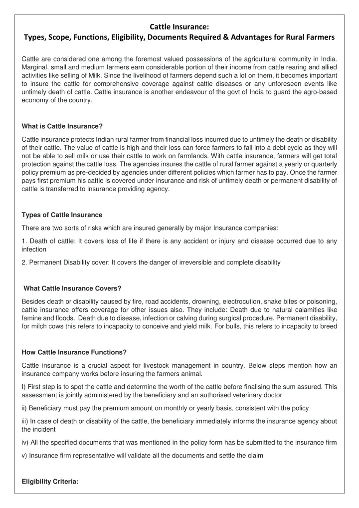 PPT - Cattle Insurance: Types, Scope, Functions, Eligibility, Documents ...