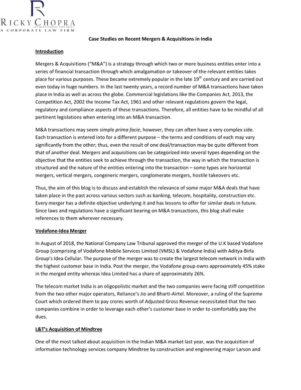 PPT - Case Studies on Recent Mergers & Acquisitions in India PowerPoint ...