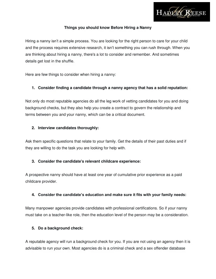 PPT - Things You Should Know Before Hiring Nanny - Hadley Reese ...