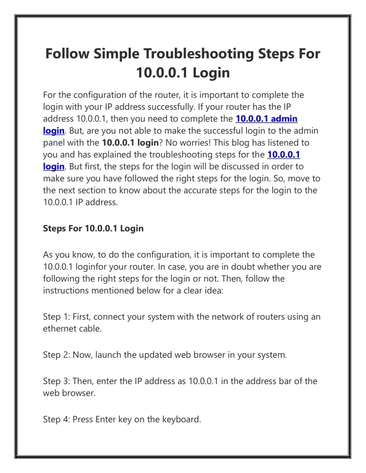 PPT - Follow Simple Troubleshooting Steps For 10.0.0.1 Login PowerPoint ...