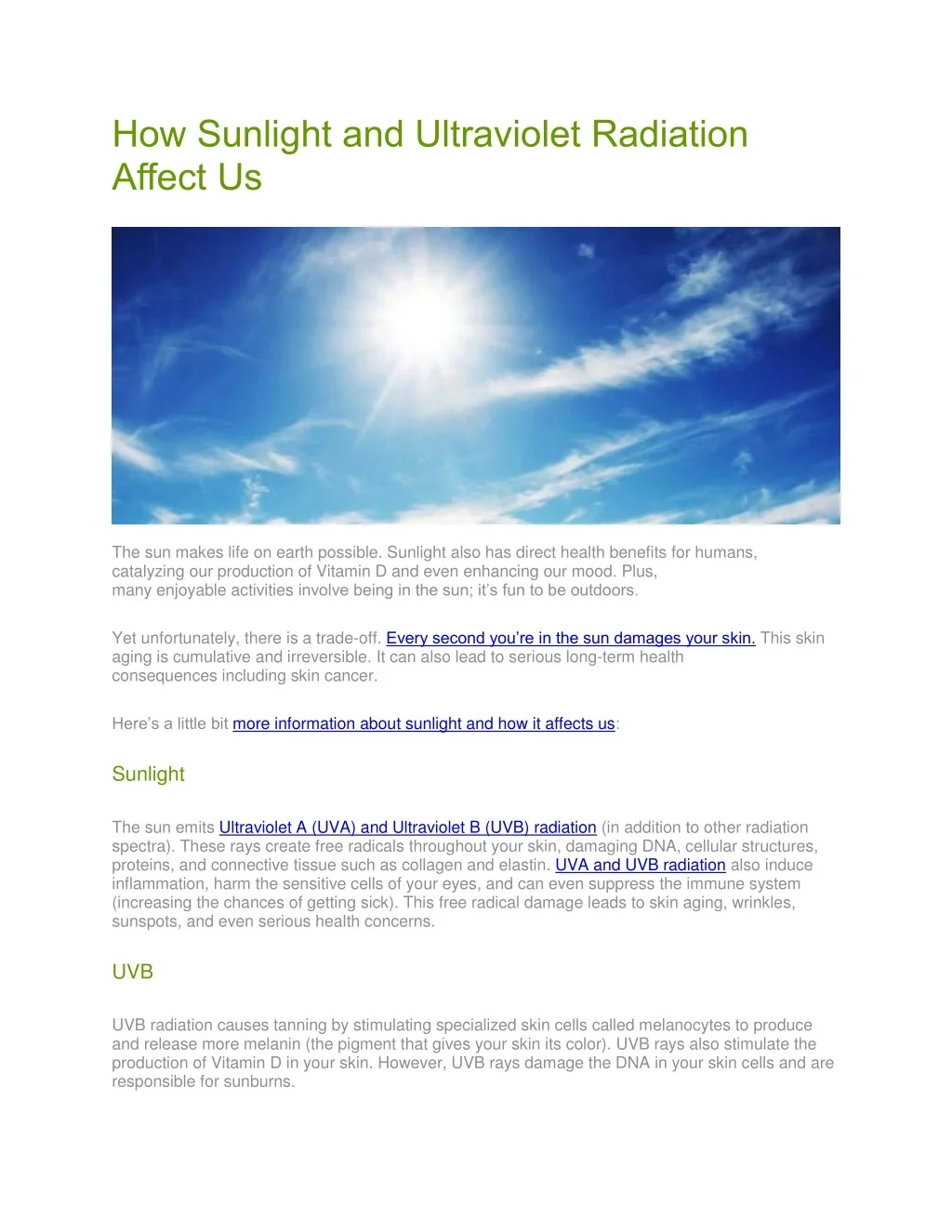 PPT - How Sunlight and Ultraviolet Radiation Affect Us PowerPoint ...