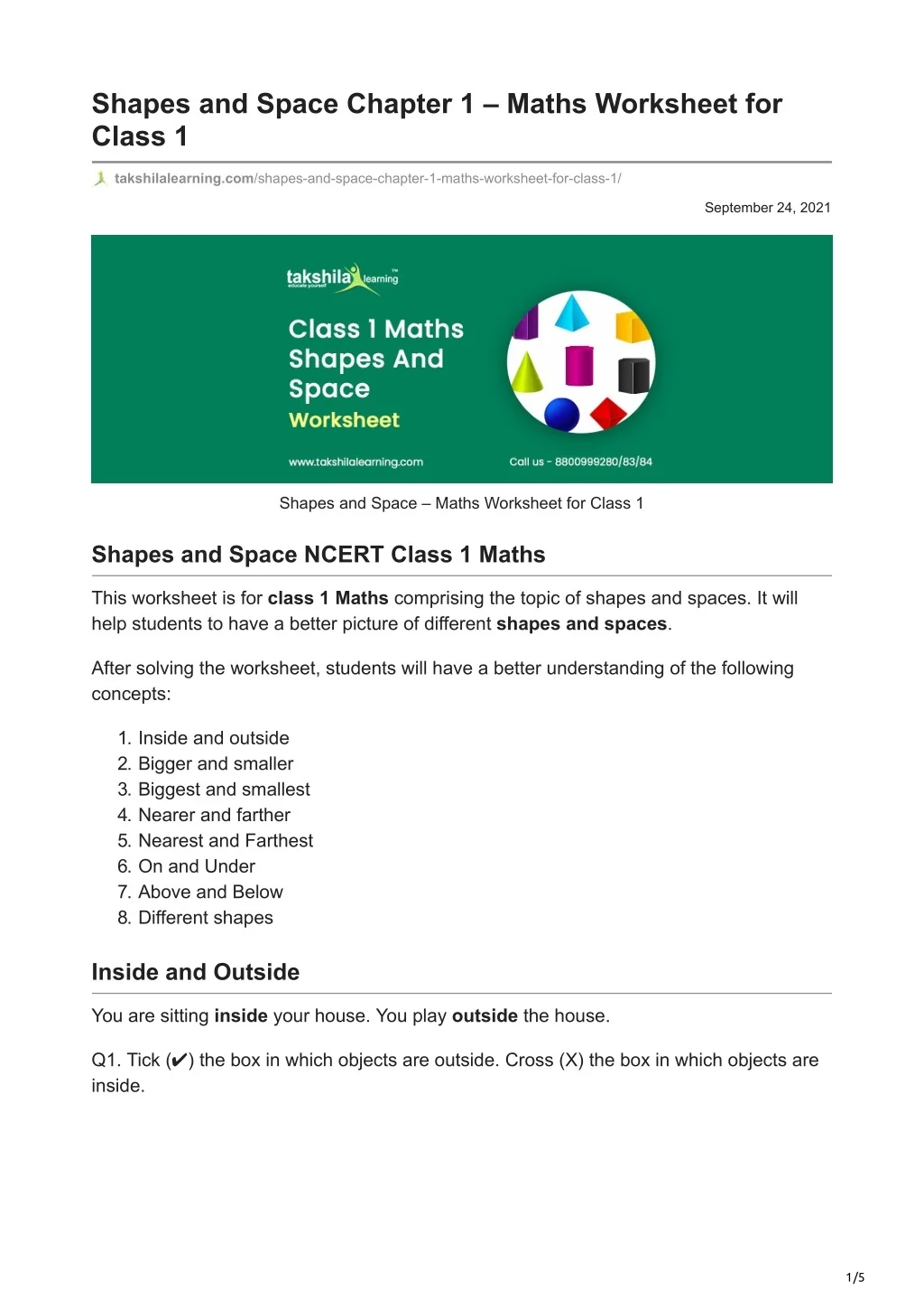 PPT - Shapes worksheet Chapter 1 - NCERT Solutions Class 1 Maths ...