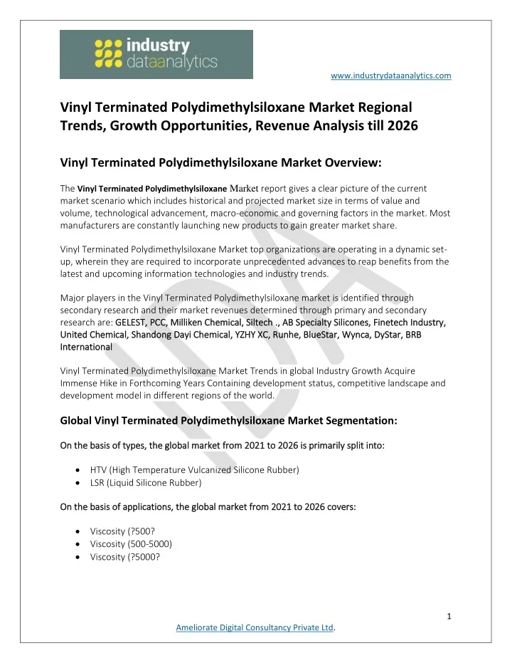 PPT - Vinyl Terminated Polydimethylsiloxane Market Investment Scenario ...