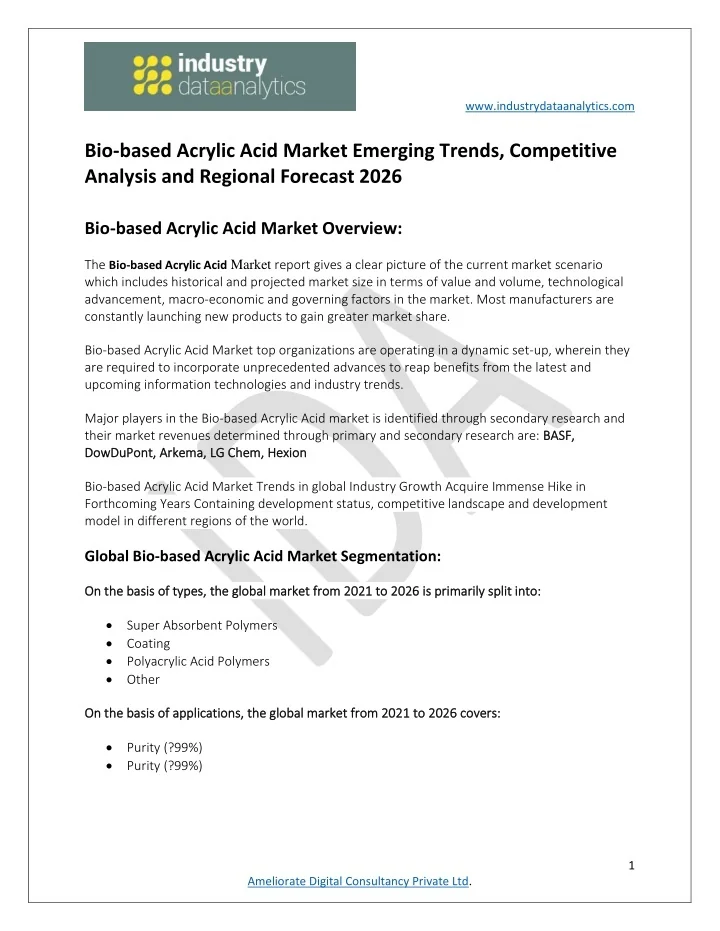 PPT - Bio-based Acrylic Acid Market Key Segments, Opportunity and ...