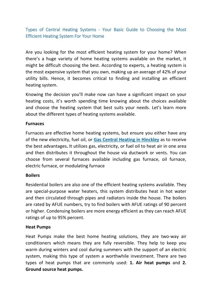 PPT - Types of Central Heating Systems - Your Basic Guide to Choosing the Most Efficient Heating ...