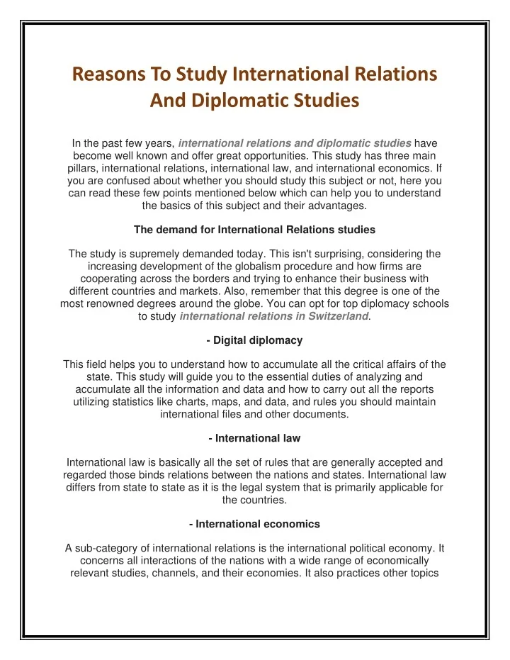 PPT - Reasons To Study International Relations And Diplomatic Studies ...