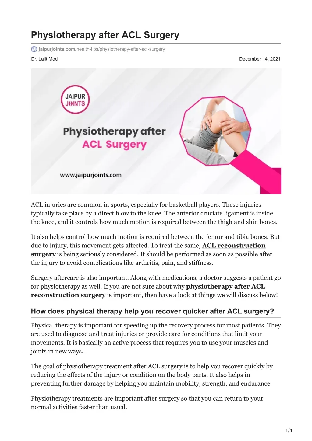 PPT - Physiotherapy after ACL Surgery PowerPoint Presentation, free ...