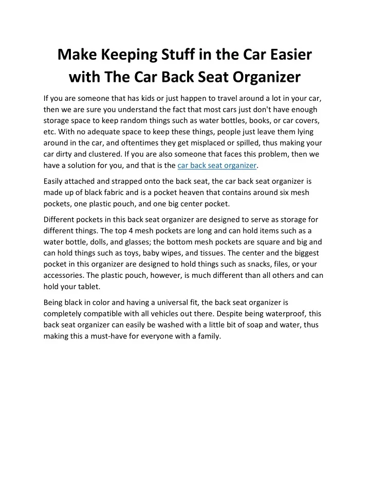 PPT - Make Keeping Stuff in the Car Easier with The Car Back Seat ...