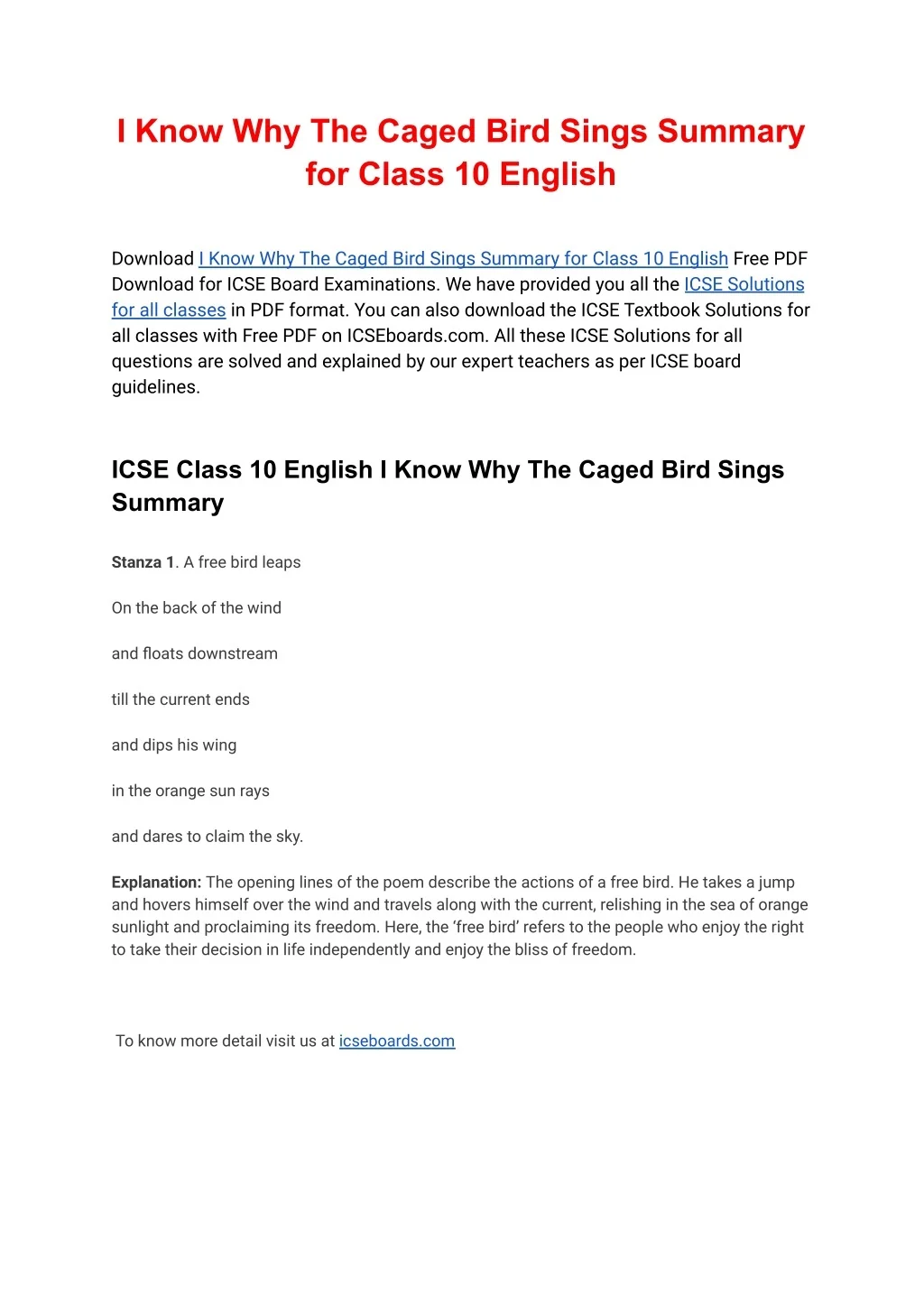 PPT - I Know Why The Caged Bird Sings Summary for Class 10 English PDF ...