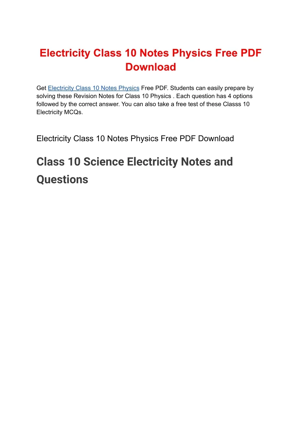 PPT - Electricity Class 10 Notes Physics Free PDF Download PowerPoint ...