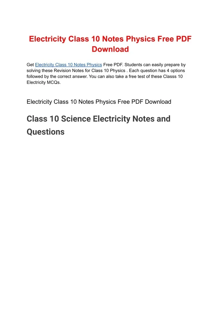 PPT Electricity Class 10 Notes Physics Free PDF Download PowerPoint PPT Electricity Class 10 Notes Physics Free PDF Download PowerPoint