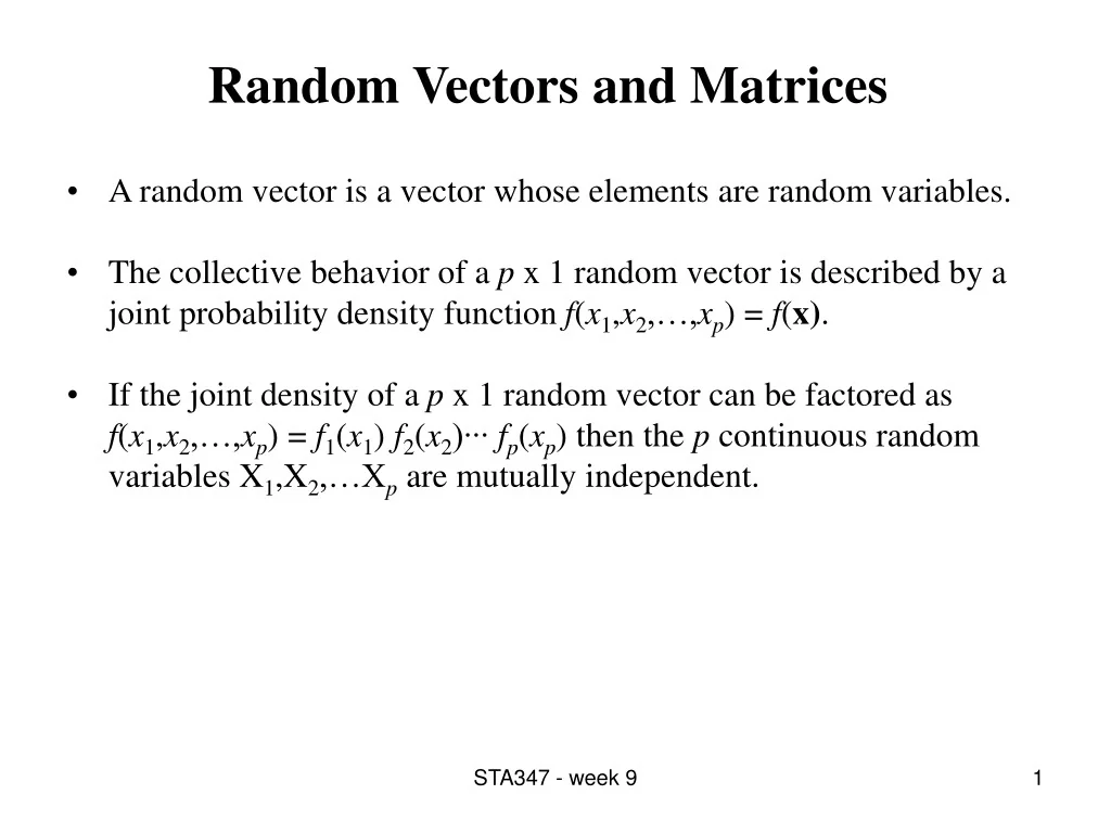 PPT - Random Vectors in Data Analysis - STA347 - Week 9 PowerPoint ...