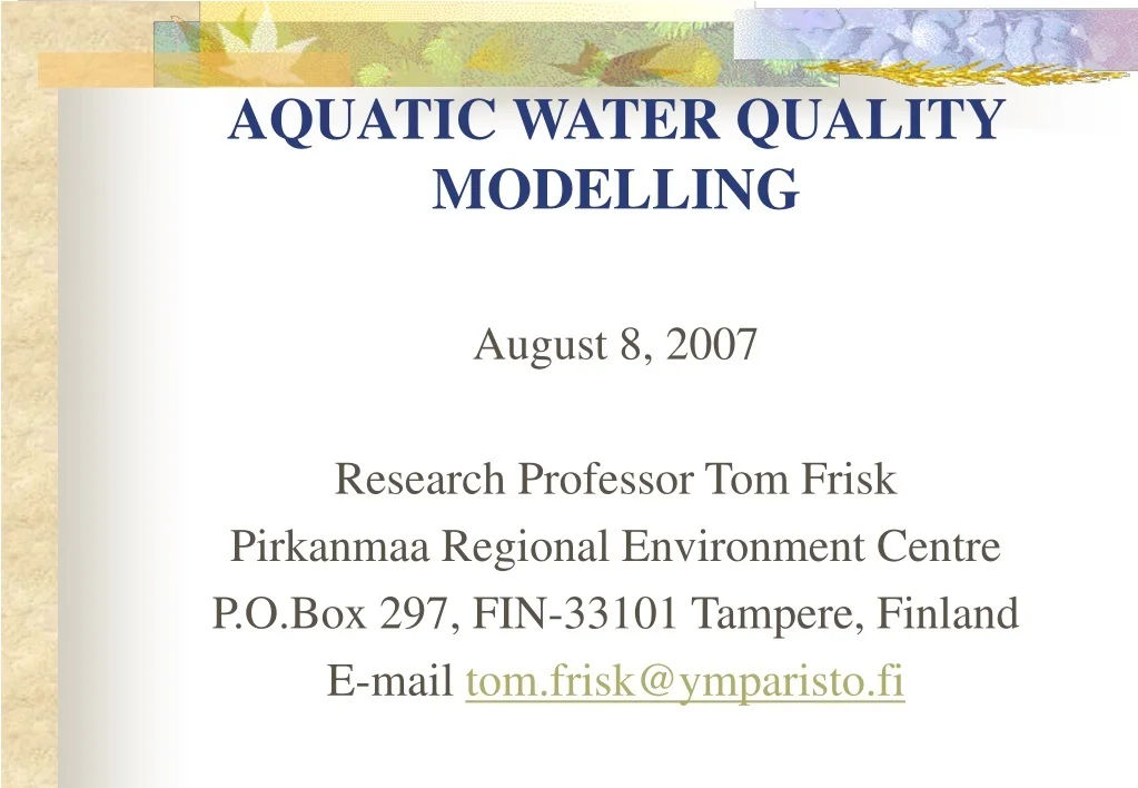 PPT - AQUATIC WATER QUALITY MODELLING PowerPoint Presentation, free ...