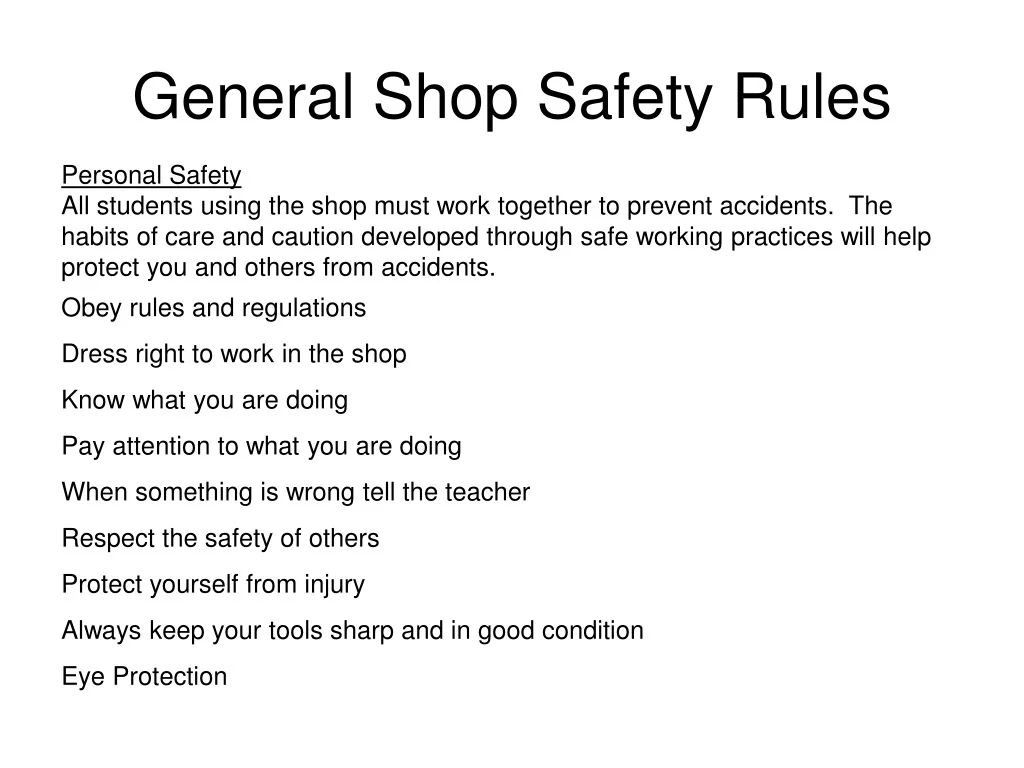 PPT - Workshop Safety Rules and Tool Guidelines PowerPoint Presentation ...