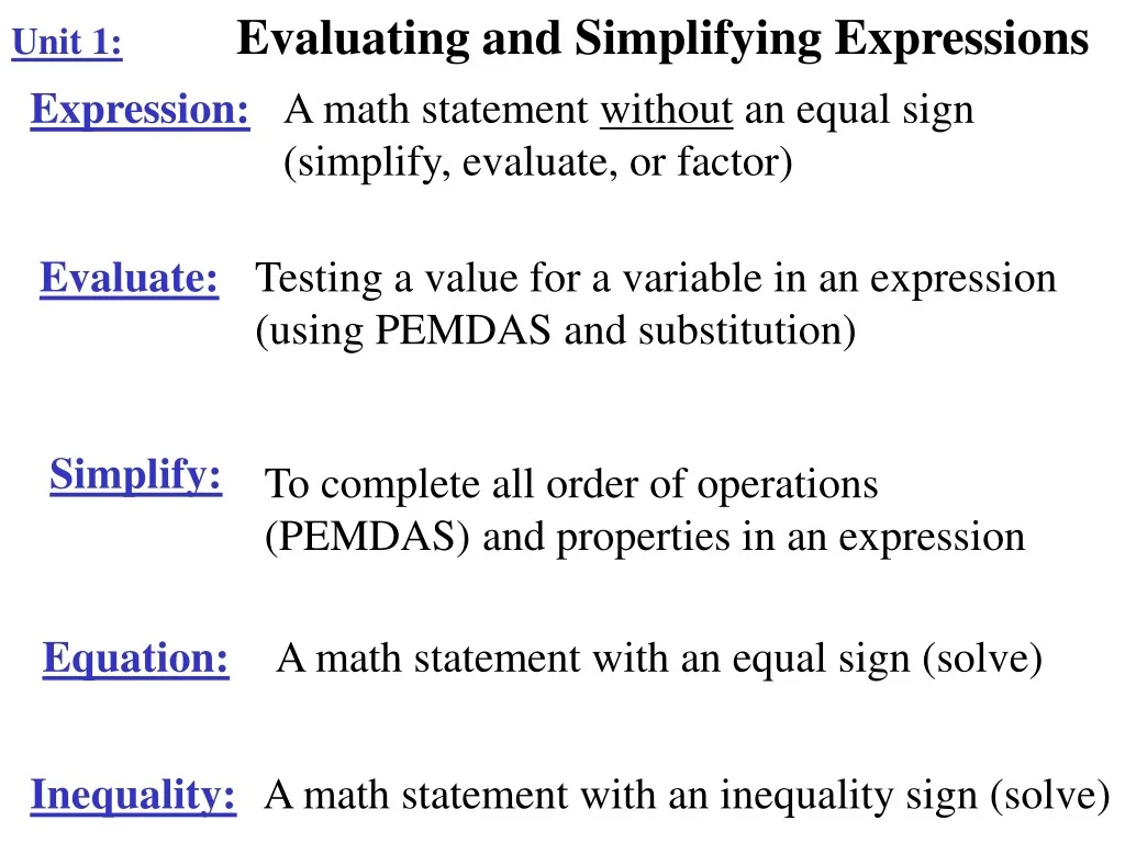 PPT - Unit 1: Evaluating and Simplifying Expressions PowerPoint Presentation - ID:9506904