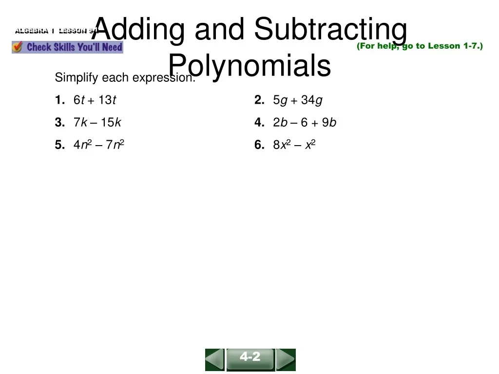 PPT - Simplifying Polynomial Expressions: Algebra Lesson 9-1 PowerPoint ...