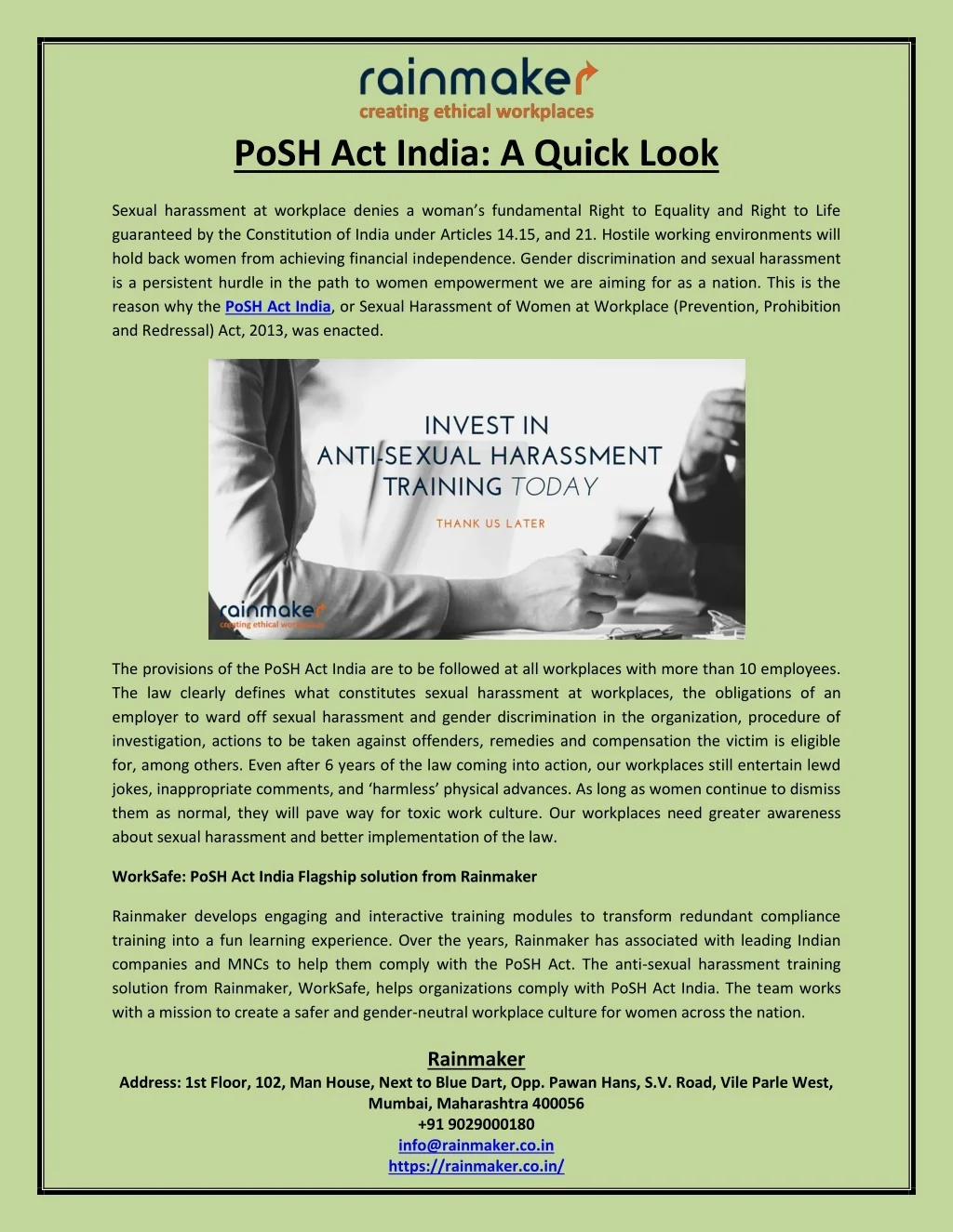 PPT - PoSH Act India: A Quick Look PowerPoint Presentation, free ...